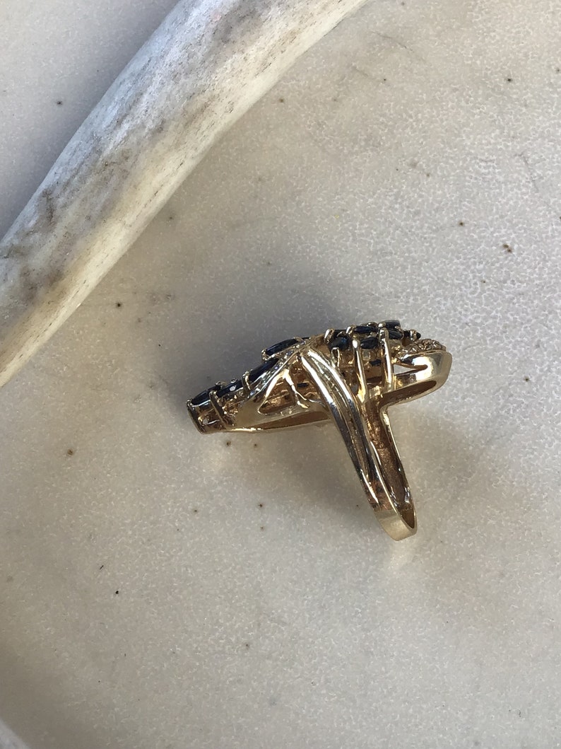 14k Gold Estate Regal Marquis Natural Sapphire and Diamond Feather ...
