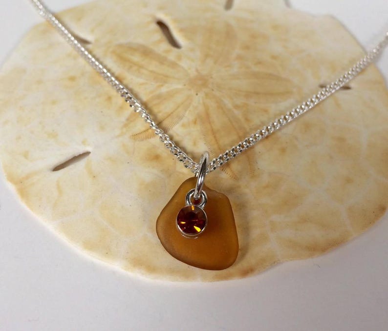 Genuine Sea Glass Necklace, Orange Seaglass With Choice of Crystal ...