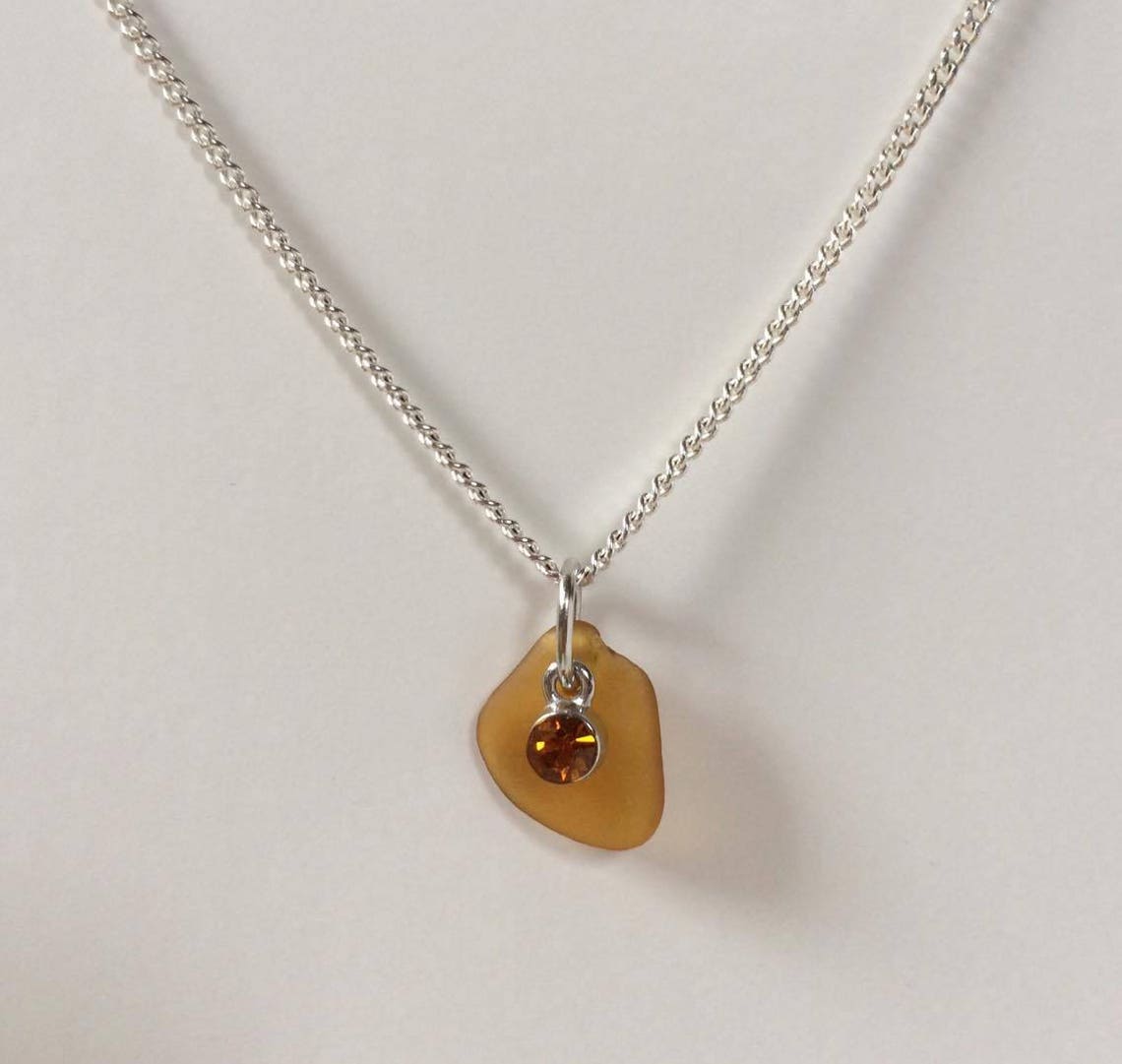 Genuine Sea Glass Necklace, Orange Seaglass With Choice of Crystal ...