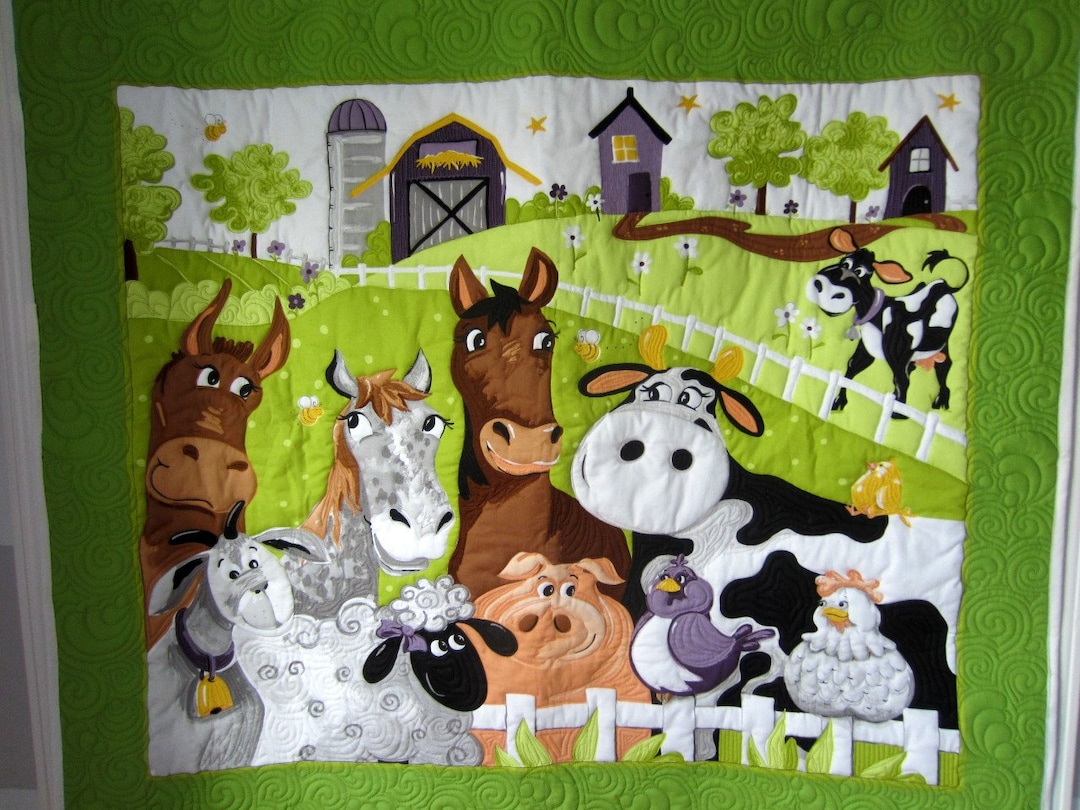 Custom Embroidery Quilted Farm Animals Baby Blanket; Cows, Horses ...