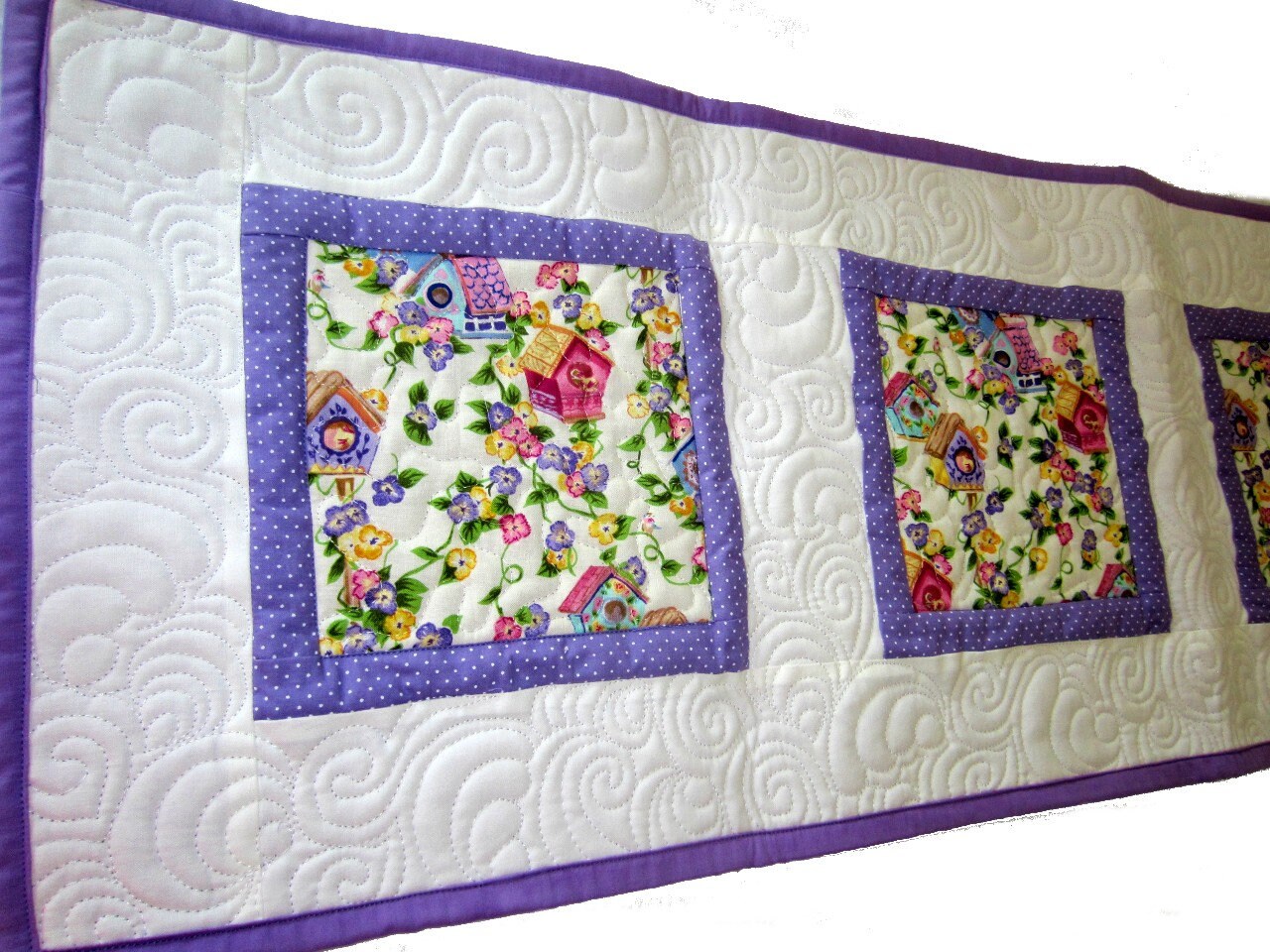 Spring Summer Birdhouse Table Runner With Pink and Purple Pansies in ...