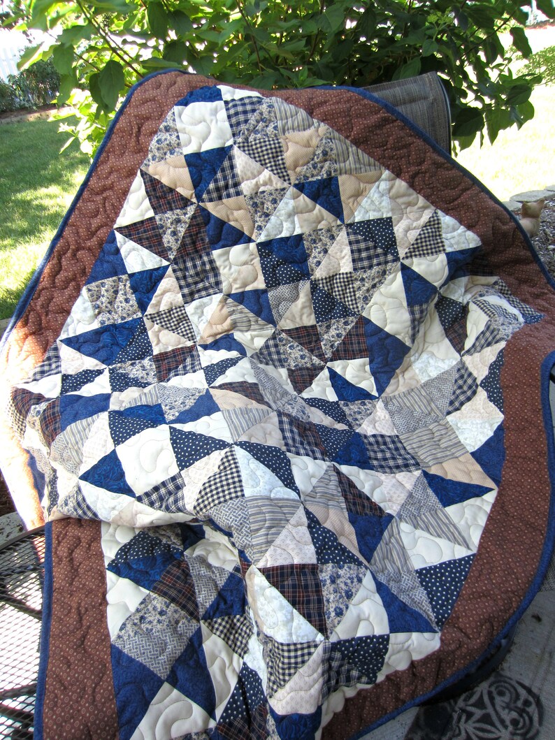 Blue and Brown Quilted Throw Neutral Sofa Quilt Masculine - Etsy