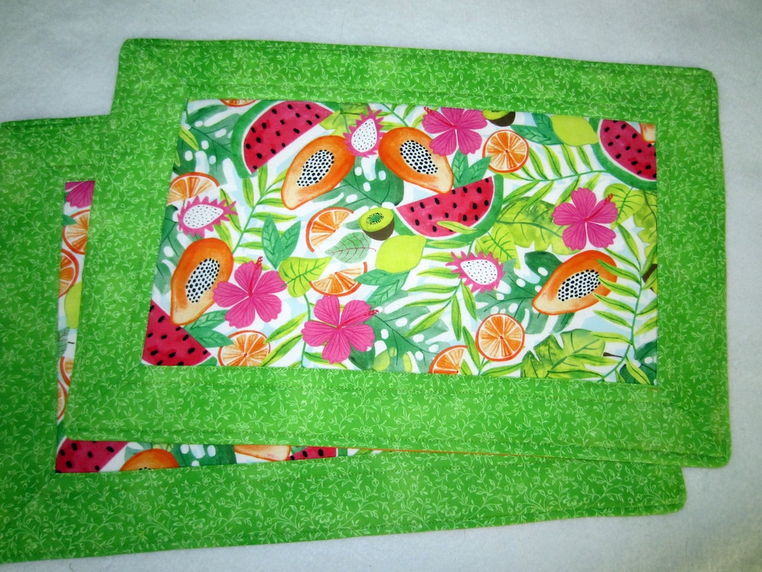 Pair of Quilted Placemats Featuring Tropical Fruits in Greens and ...