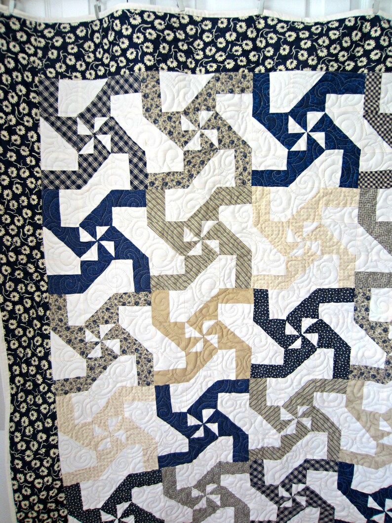 Blue and Tan Quilted Throw; Neutral Sofa Quilt; Masculine Bed Coverlet ...