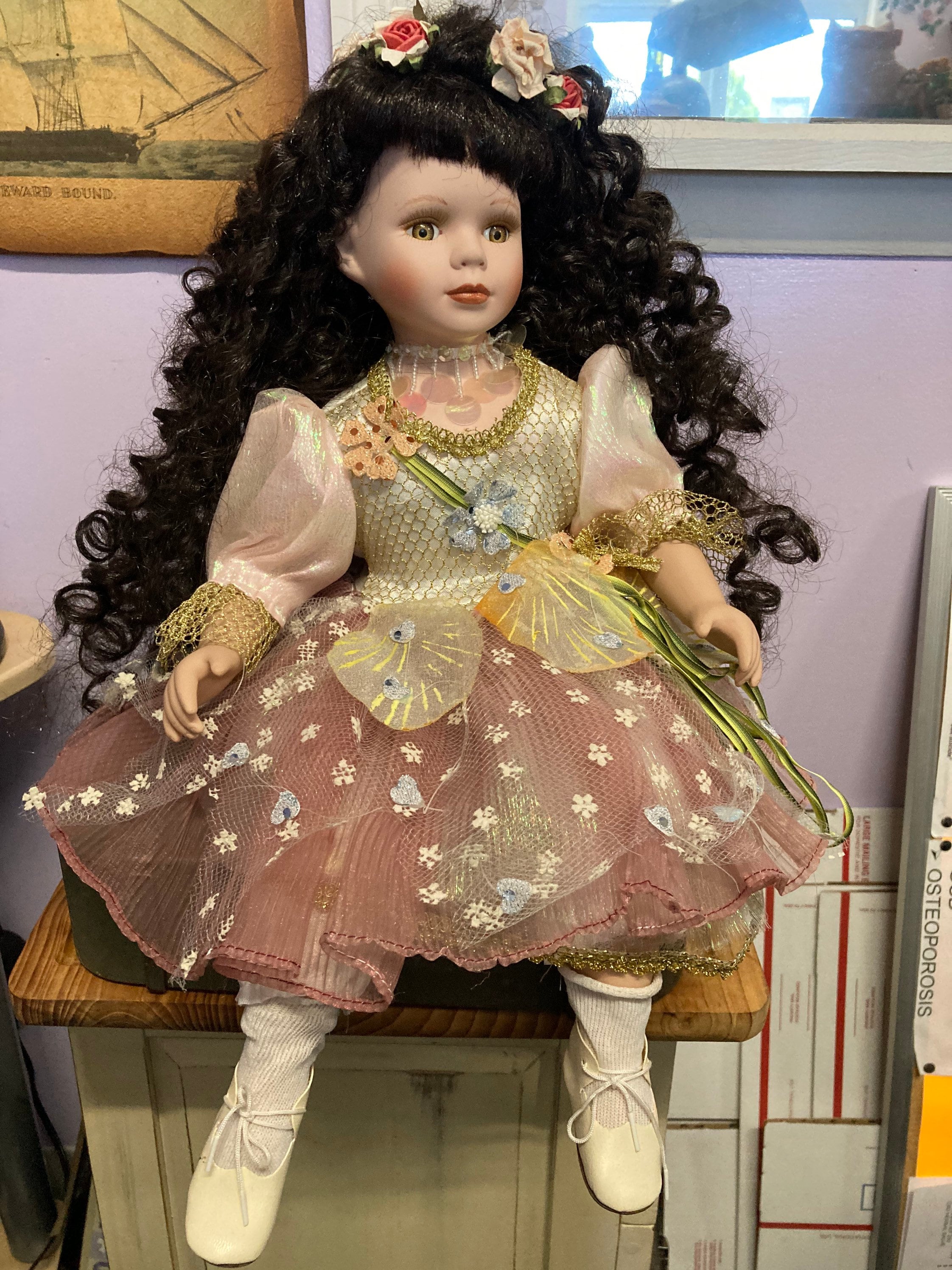 Rare! Porcelain Doll, Goldenvale Collection 1-2000. Long Dark Brown ...