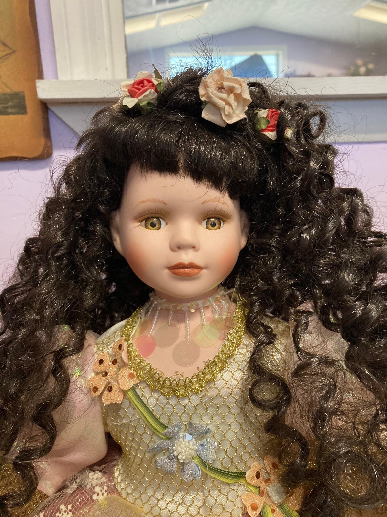 Rare! Porcelain Doll, Goldenvale Collection 1-2000. Long Dark Brown ...