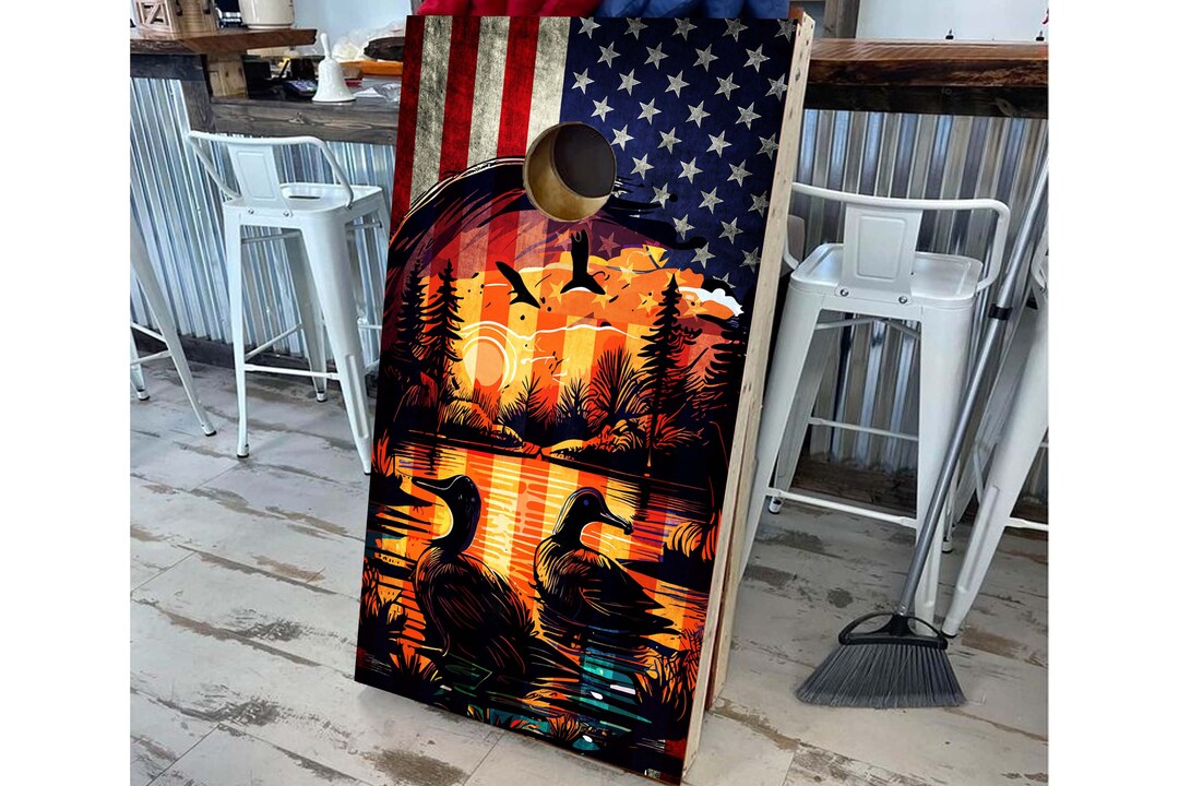 Ducks Hunting Water Fowl American Flag Rustic Cornhole Board Wrap Decal ...