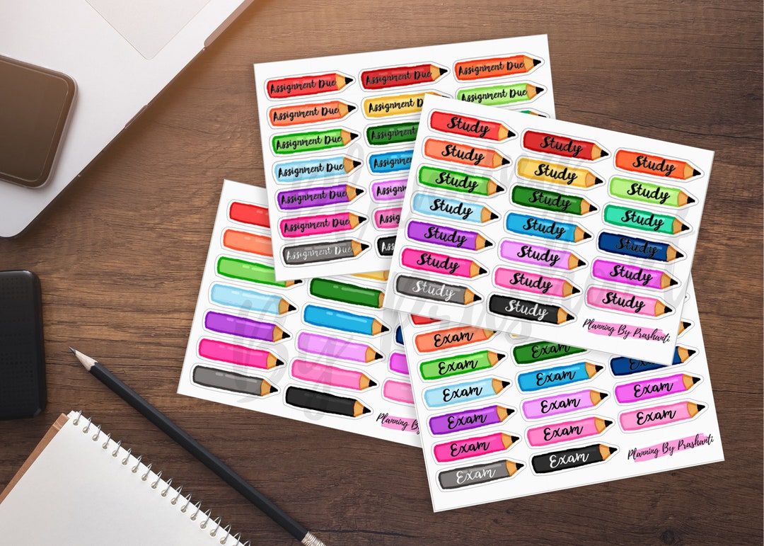 Multicoloured Pencil Labels - Study School Exam Homework Planner ...