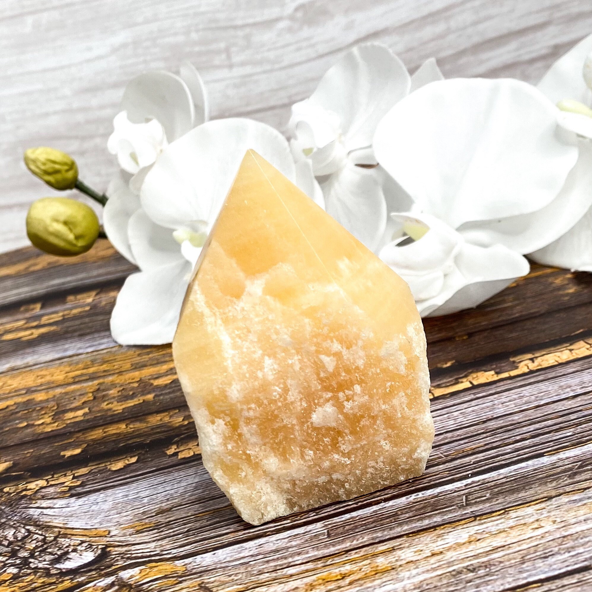 Rough Orange Calcite Point (top polished, cut base)