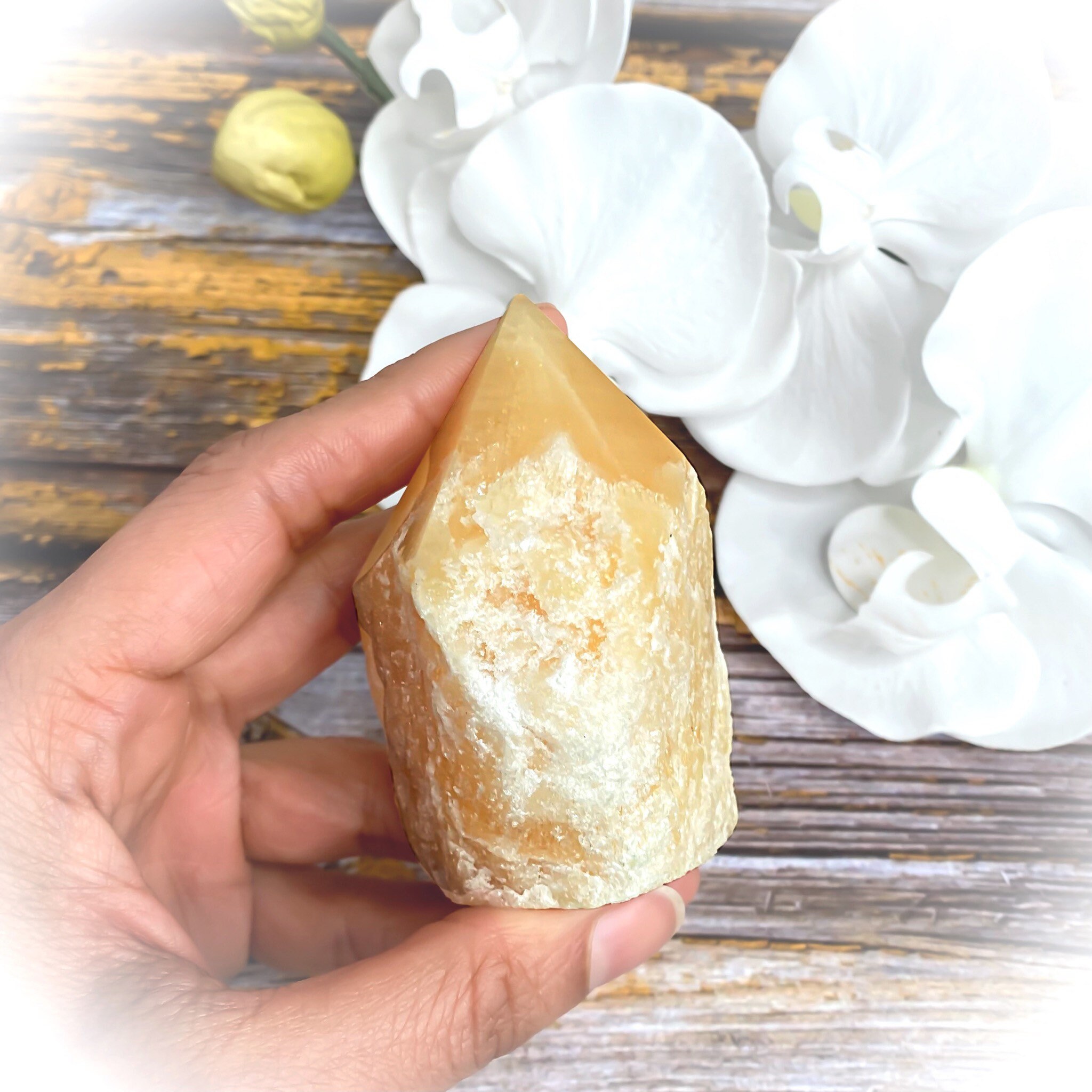 Rough Orange Calcite Point (top polished, cut base)