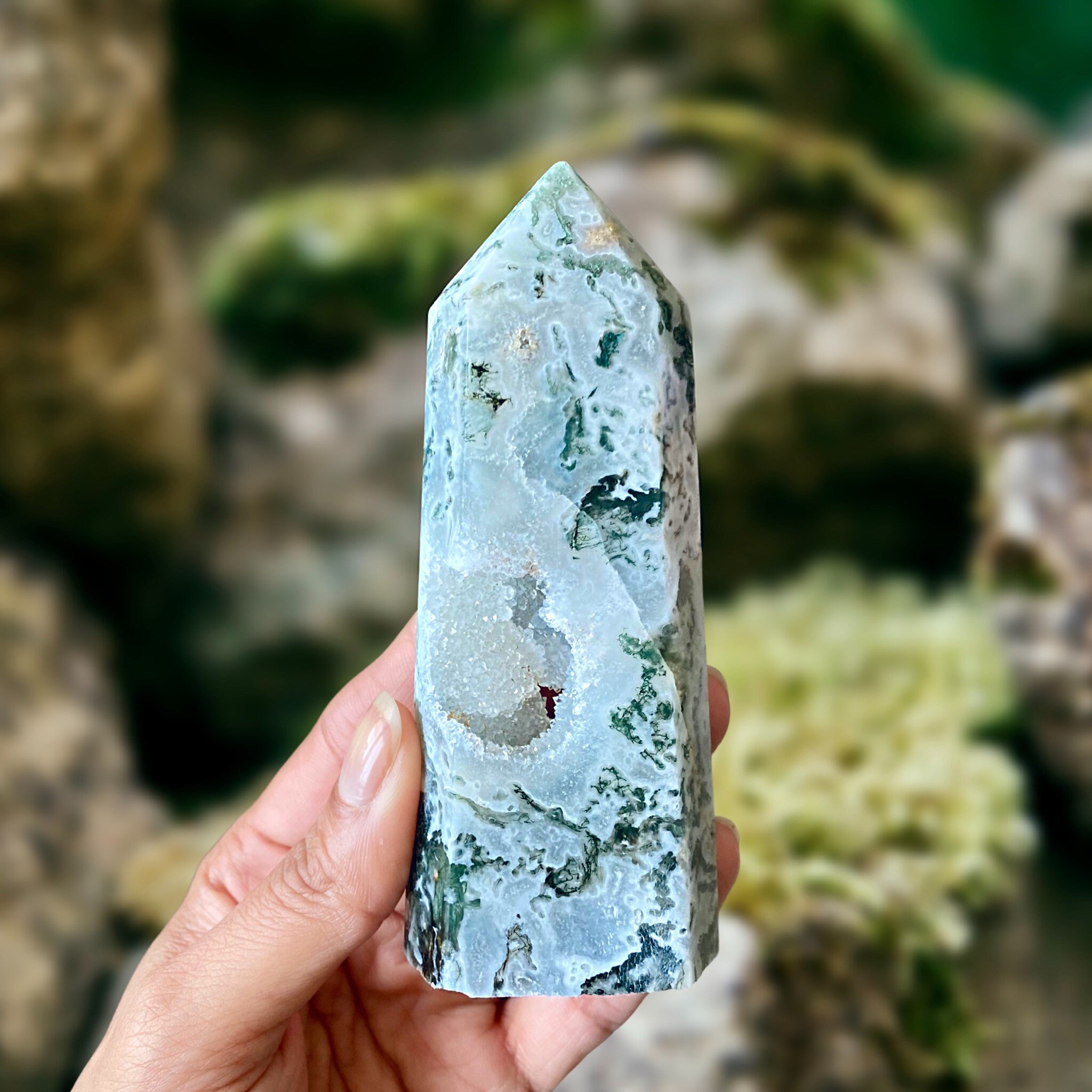 Moss Agate Tower with Druzy
