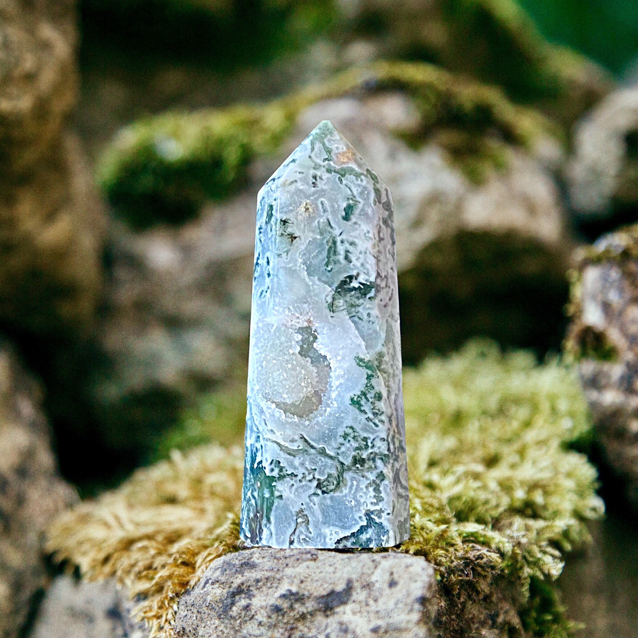 Moss Agate Tower with Druzy