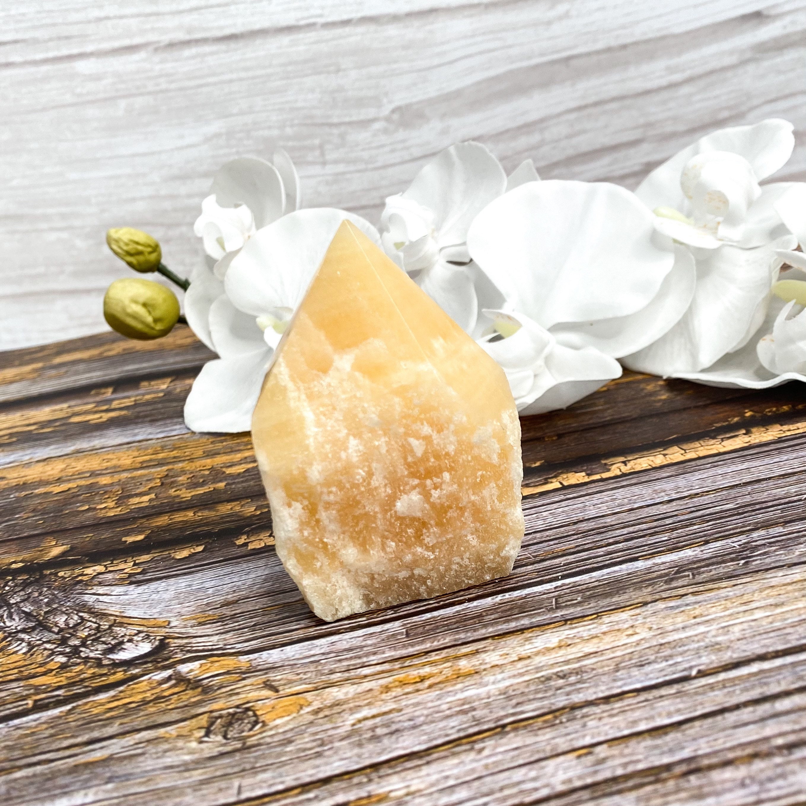 Rough Orange Calcite Point (top polished, cut base)