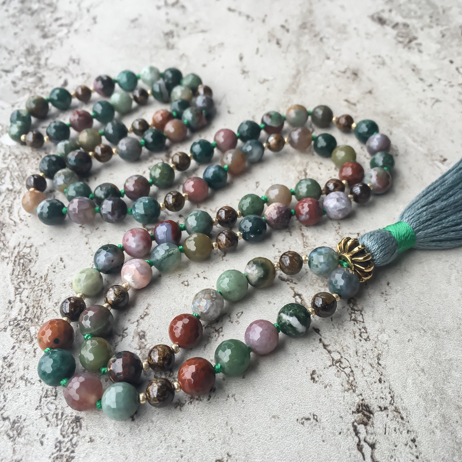 Faceted Ocean Jasper & Bronzite Hand Knotted 108 Bead Mala