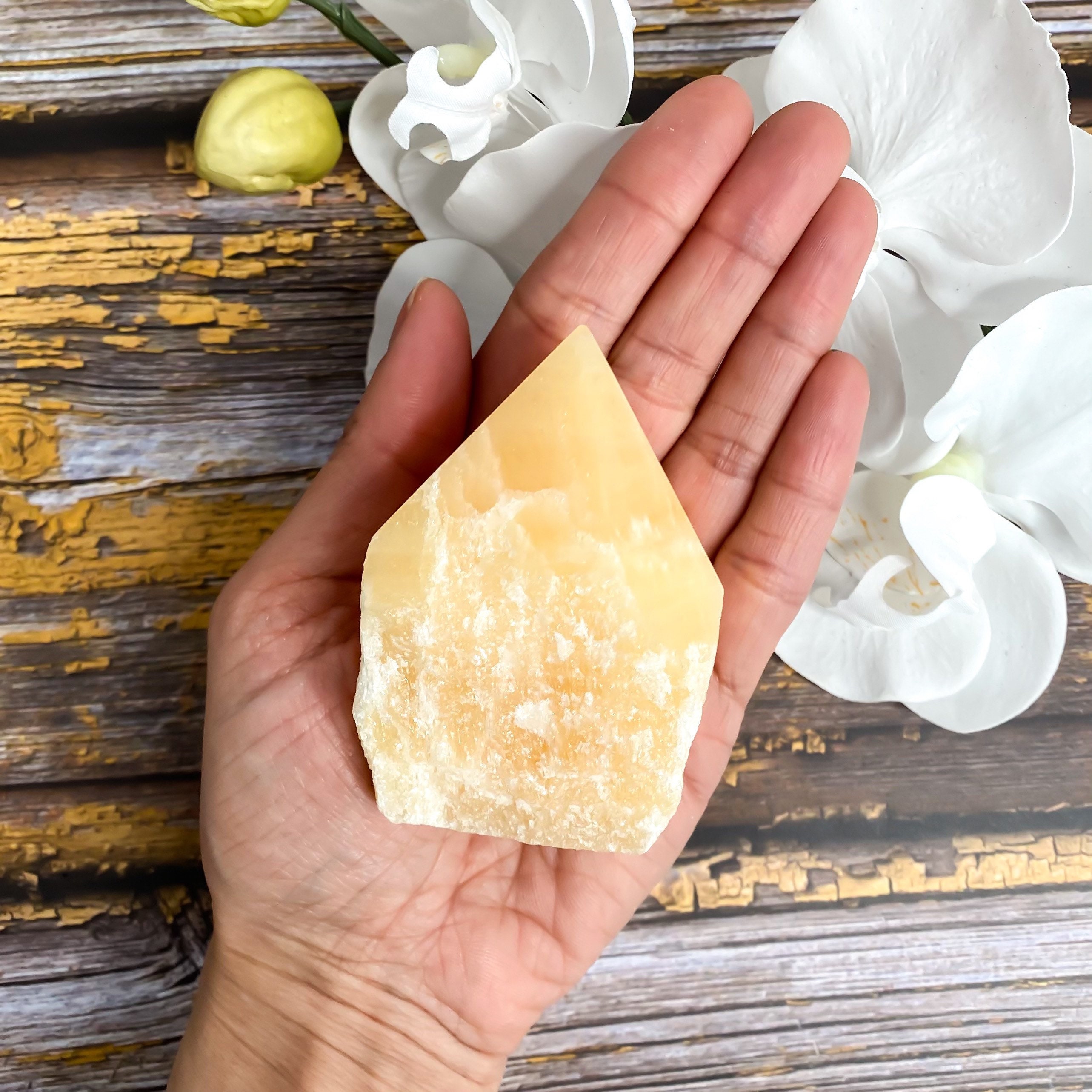 Rough Orange Calcite Point (top polished, cut base)
