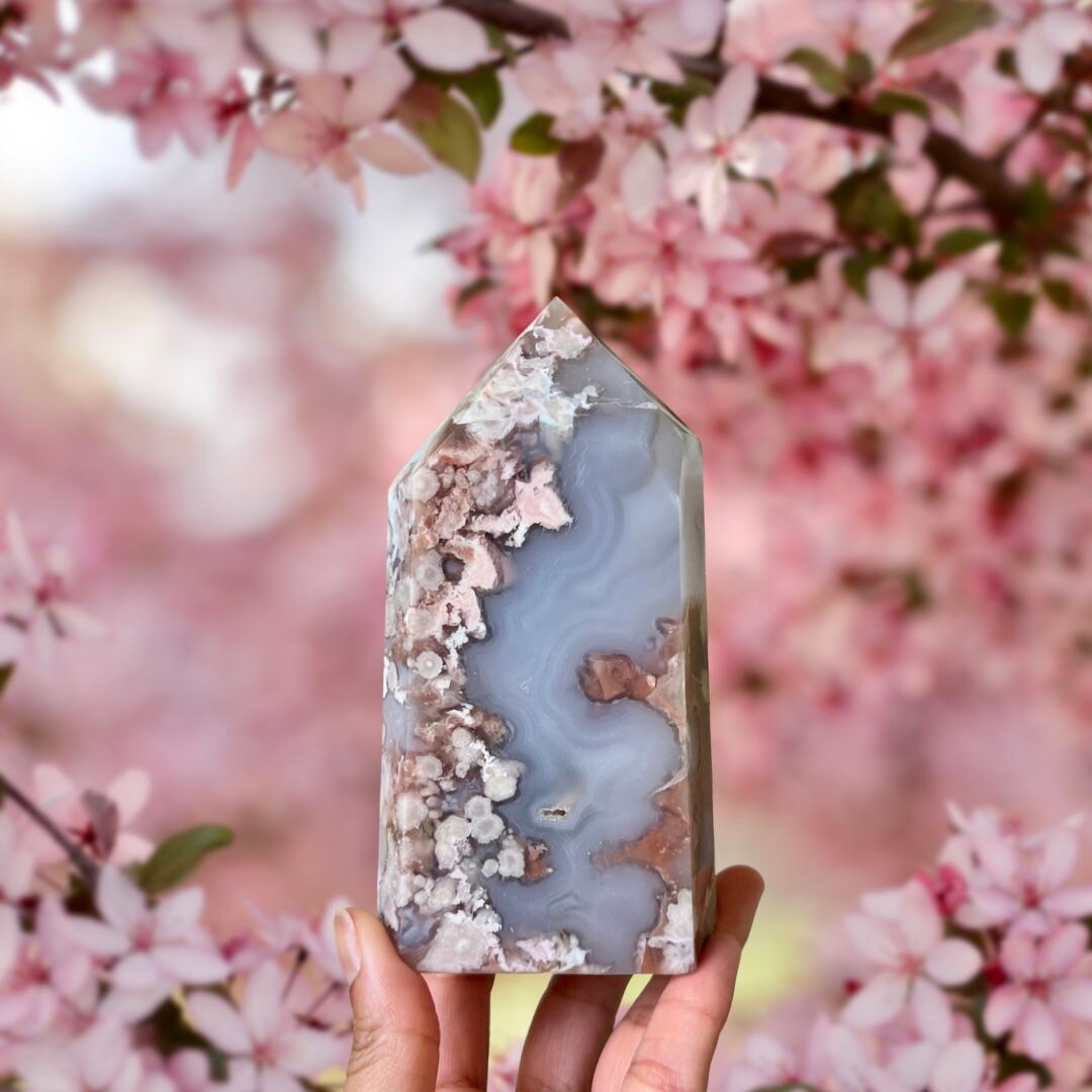 Large AAA Natural Pink/green/red Flower Agate Tower, Flower Agate Point ...