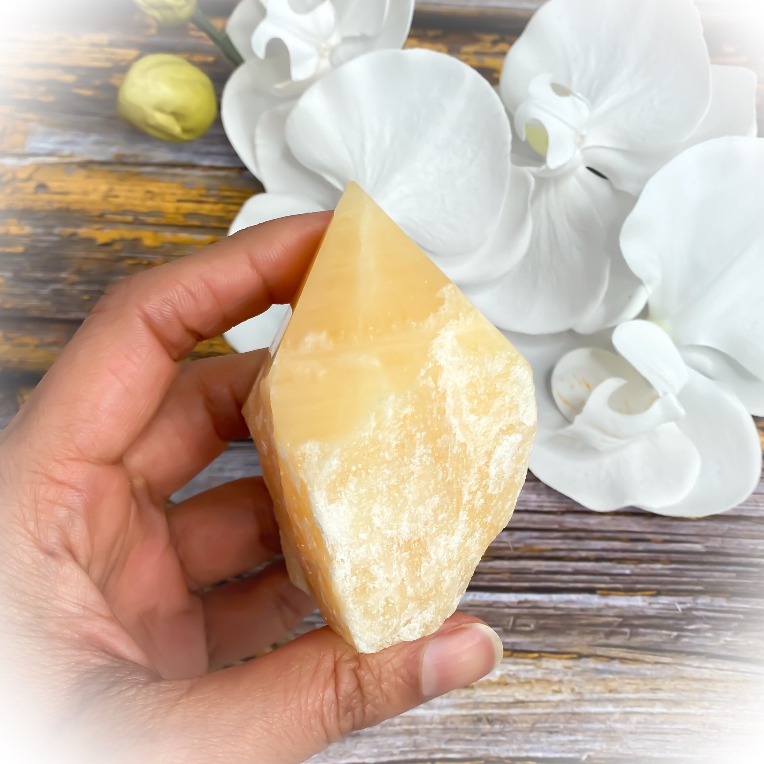 Rough Orange Calcite Point (top polished, cut base)