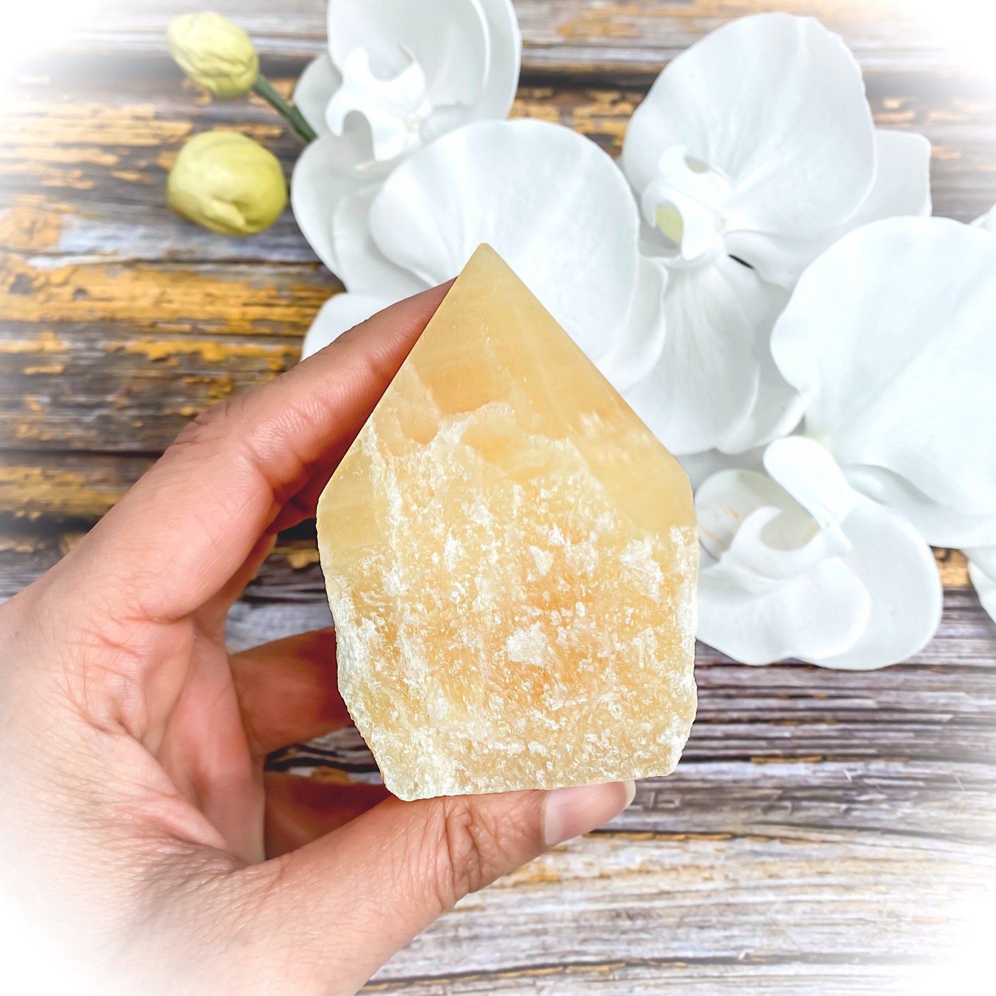 Rough Orange Calcite Point (top polished, cut base)