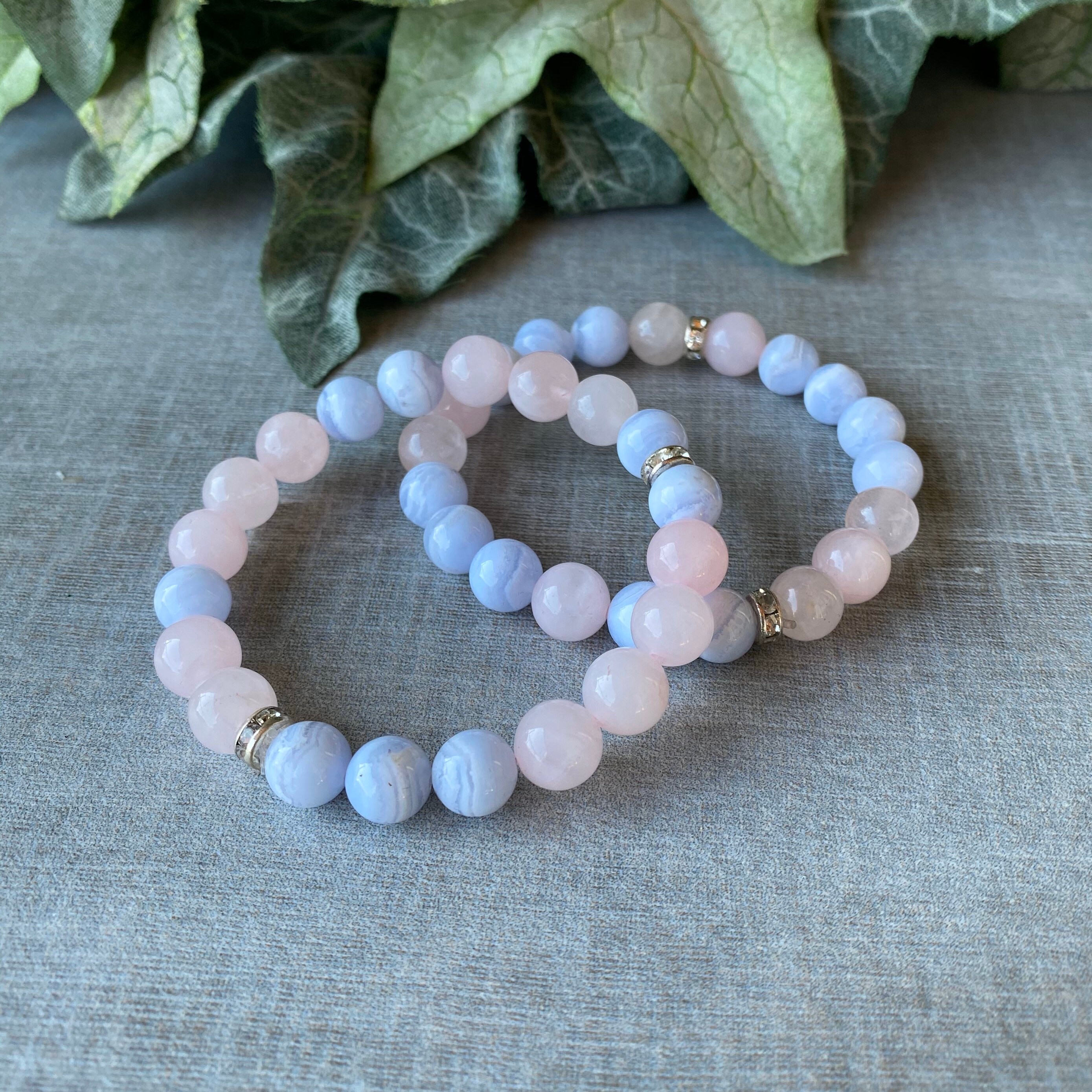 Blue Lace Agate & Rose Quartz Bracelet Set -Divine Love, Anxiety, Self ...