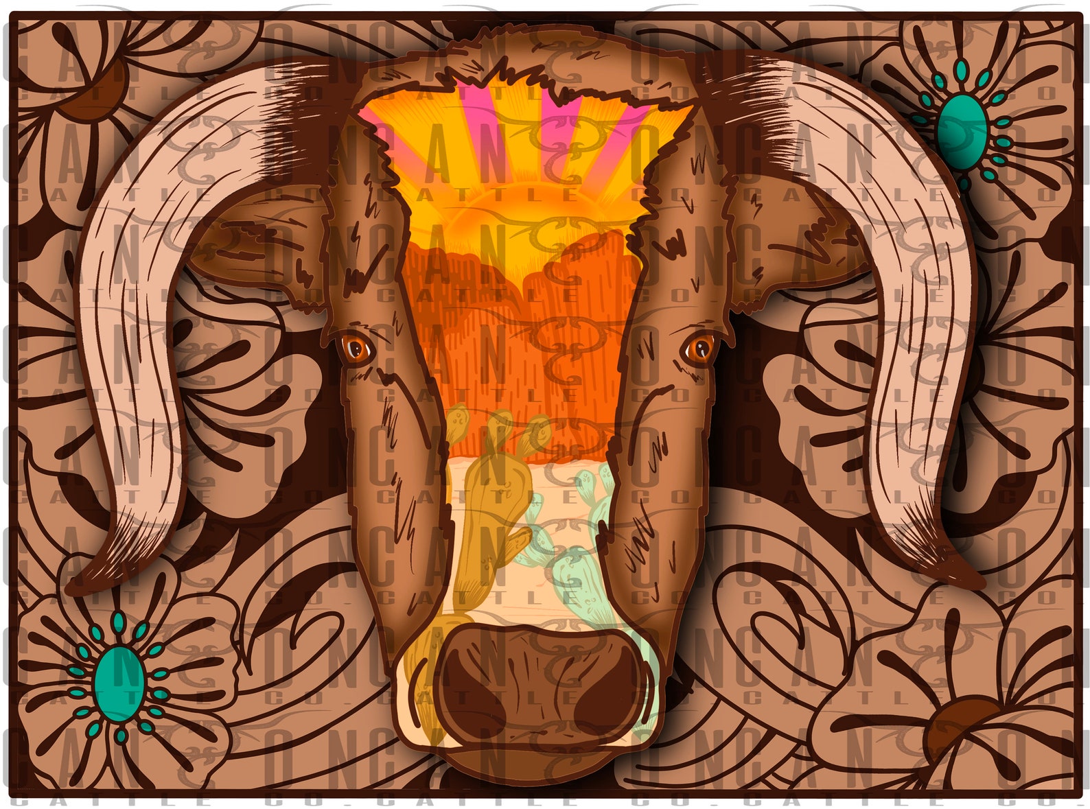 Longhorn Cow Desert and Tooled Leather Western Punchy Png - Etsy