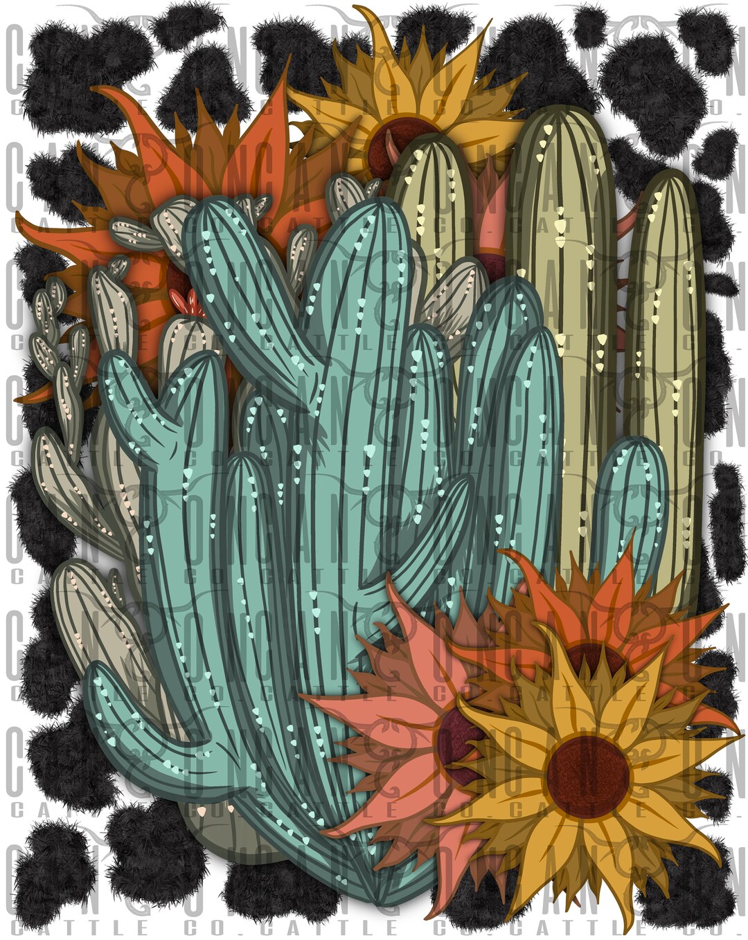 Cactus and Flowers With Cow Print, Western, Punchy, Png, Instant ...