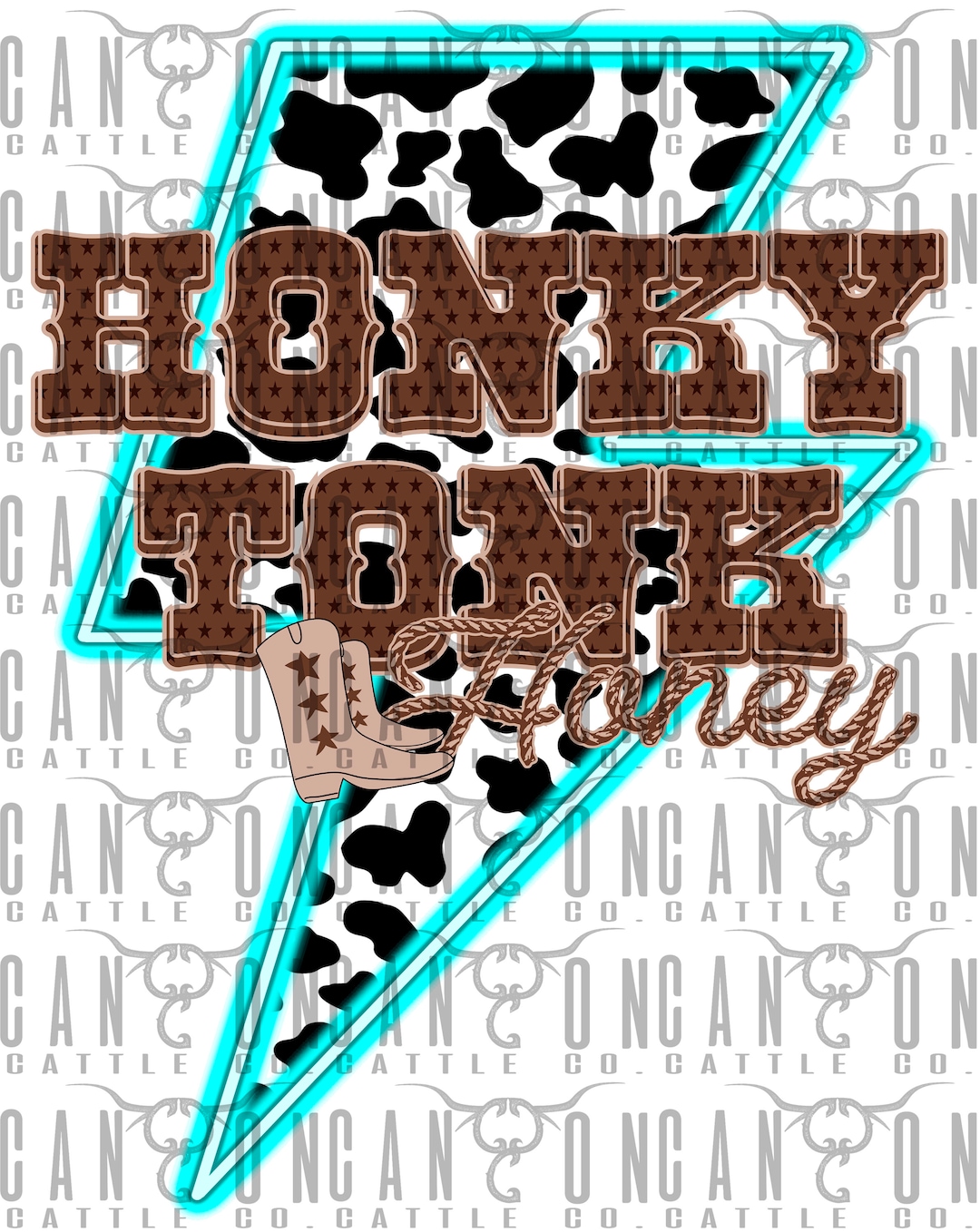 Honky Tonk Honey, Neon Cow Print Lightning Bolt, Retro, Vintage ...