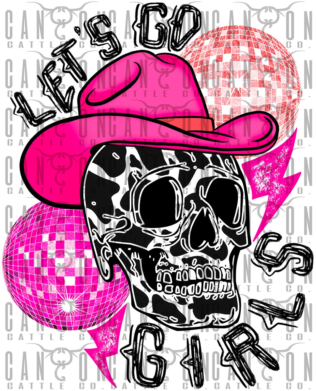 Let's Go Girls Cow Print Skull With Cowboy Hat, Disco Ball, Retro ...