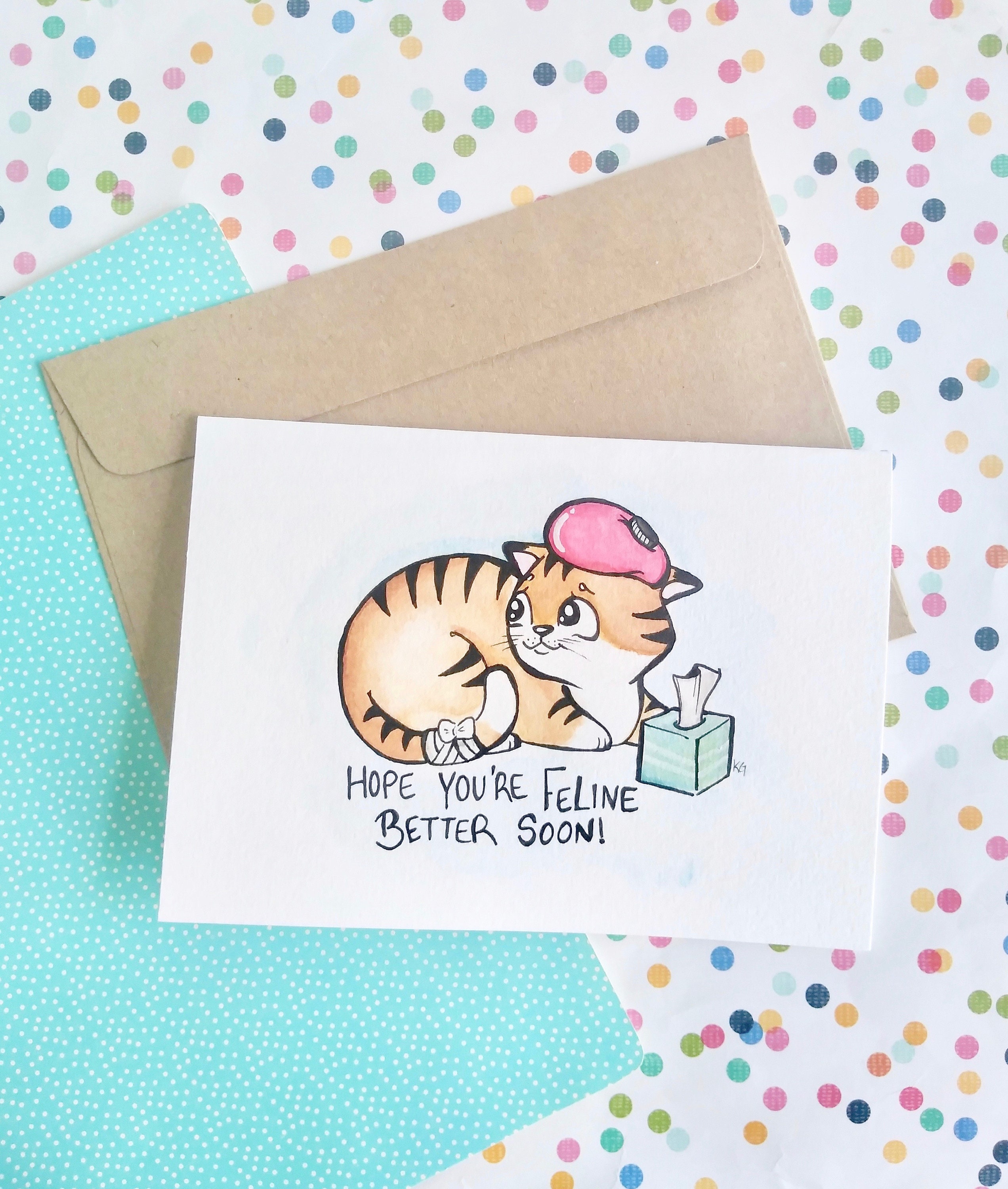 Hand Painted Get Well Soon Cat Pun Card 'hope you're | Etsy