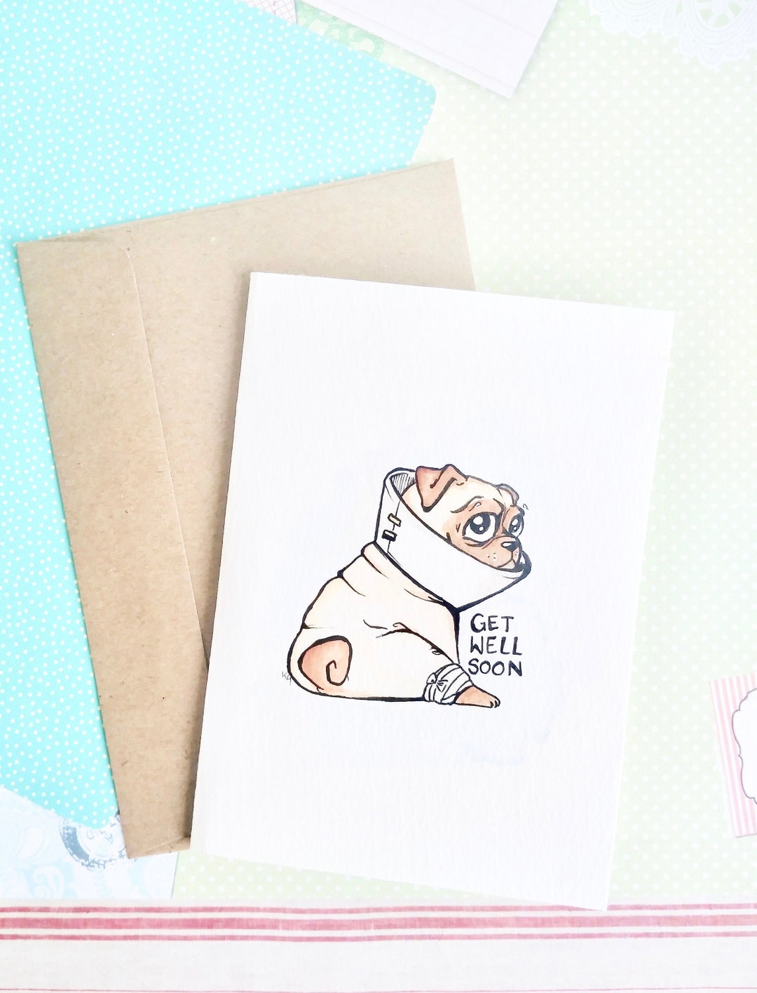Hand Painted Get Well Soon Pug Dog Card - Etsy
