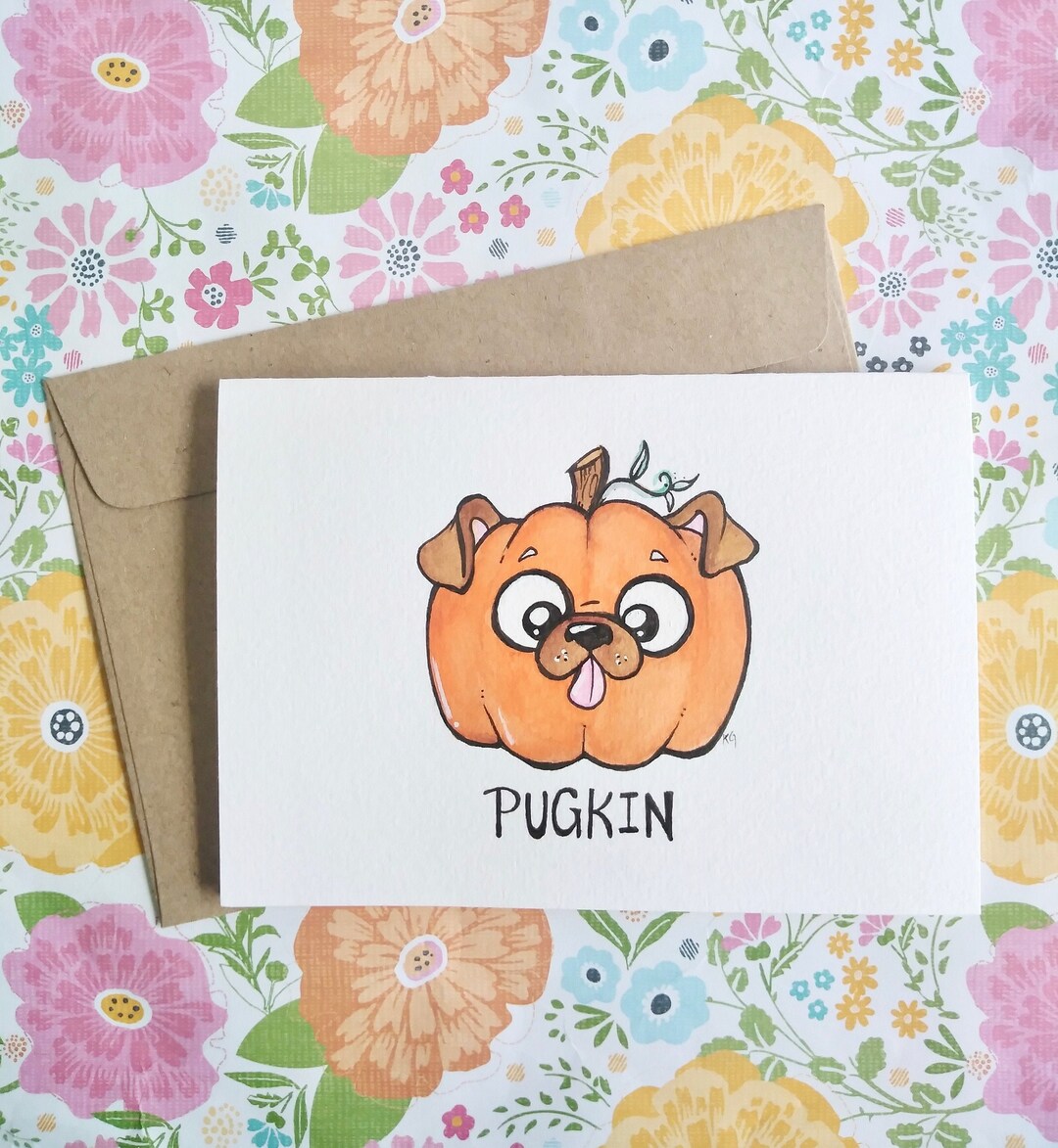 Hand Painted Watercolour ' Pugkin ' Pug Dog Pumpkin Cute Fall Greeting ...