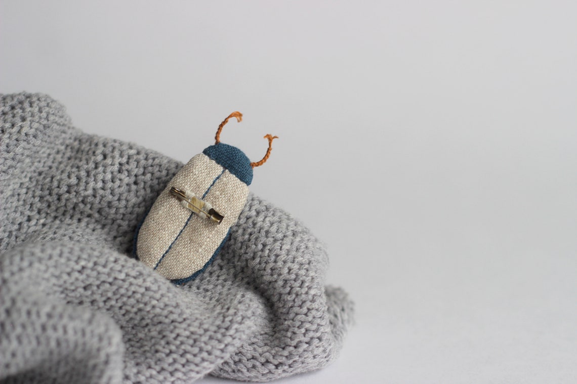 Textile Beetle Beetle Brooch Linen Beetle Grey Blue Beetle - Etsy