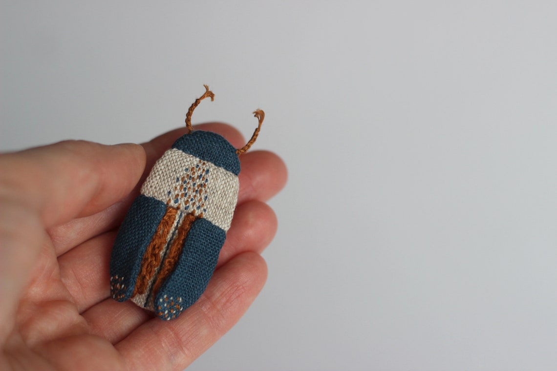 Textile Beetle Beetle Brooch Linen Beetle Grey Blue Beetle - Etsy