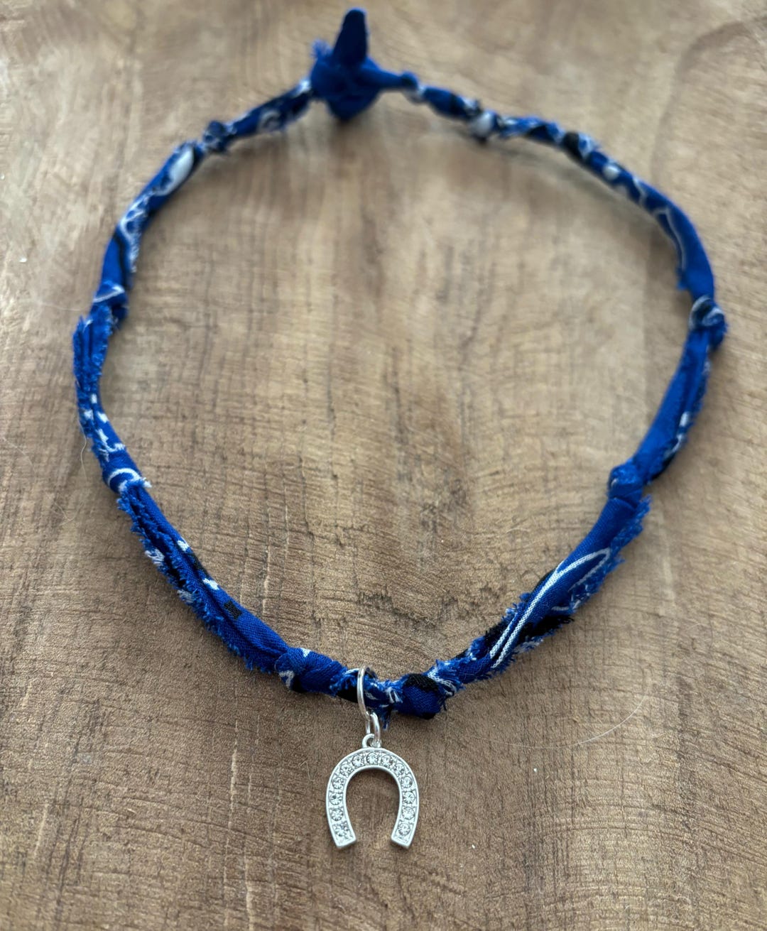 Royal Blue Custom Cotton Bandana Necklace With Silver Pave Horseshoe ...