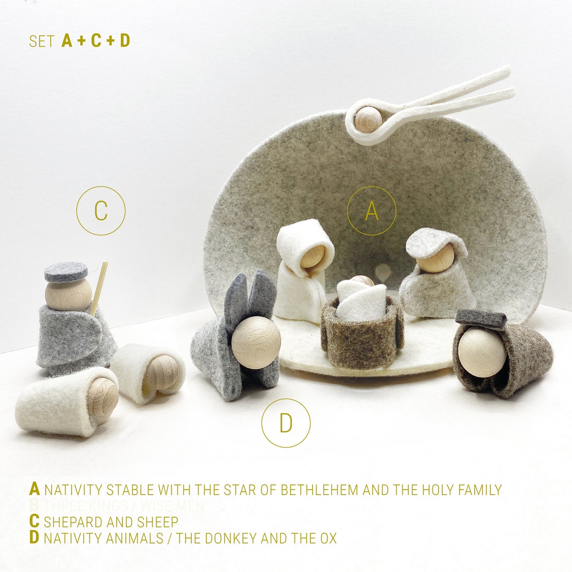 Wood and Wool Felt Modern Nativity Scene, Centerpiece Christmas ...