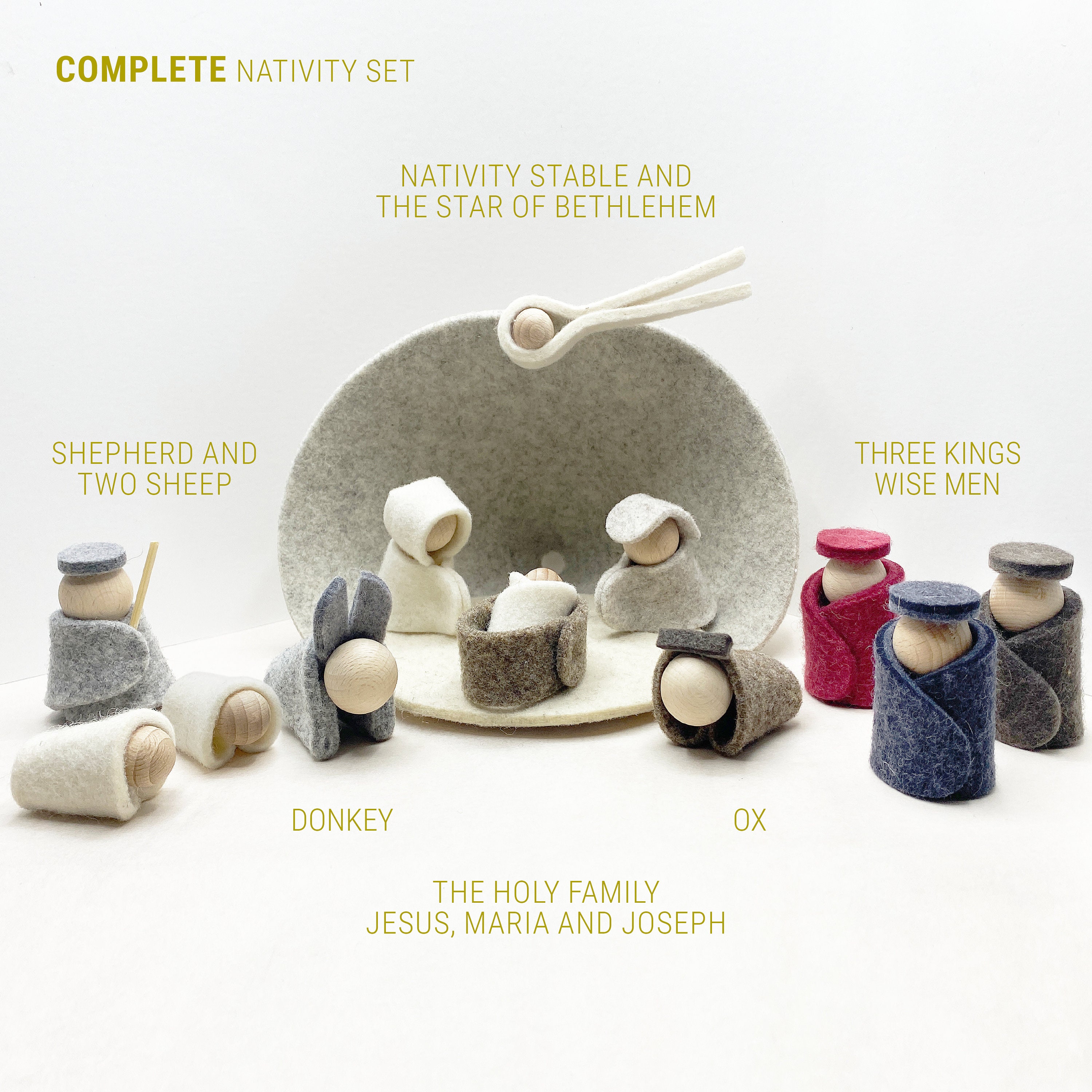 Wood and Wool Felt Modern Nativity Scene, Centerpiece Christmas ...