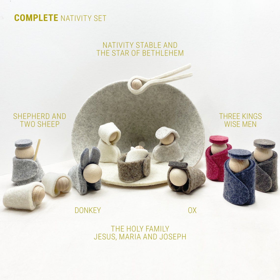 Wood and Wool Felt Modern Nativity Scene, Centerpiece Christmas ...