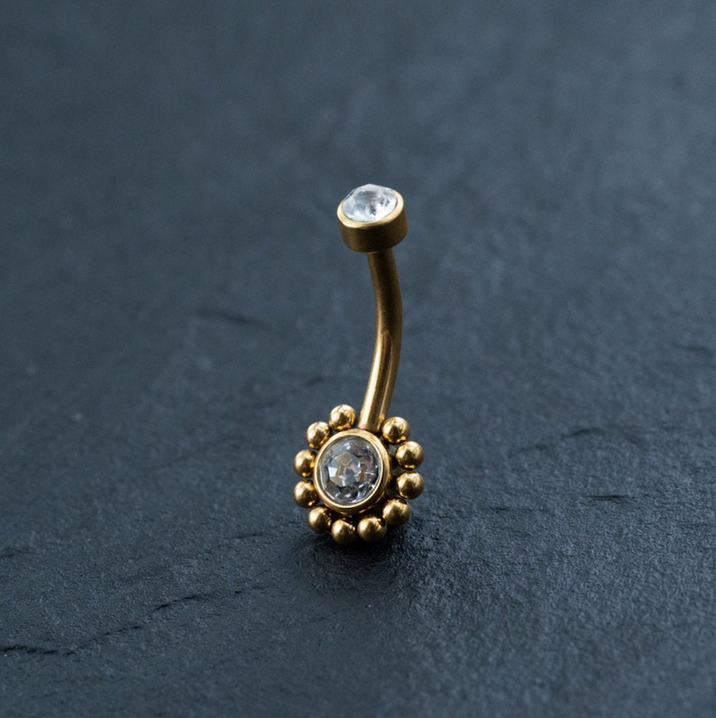 18K Gold Navel Ring Crystal & CZ Belly Barbell - Etsy