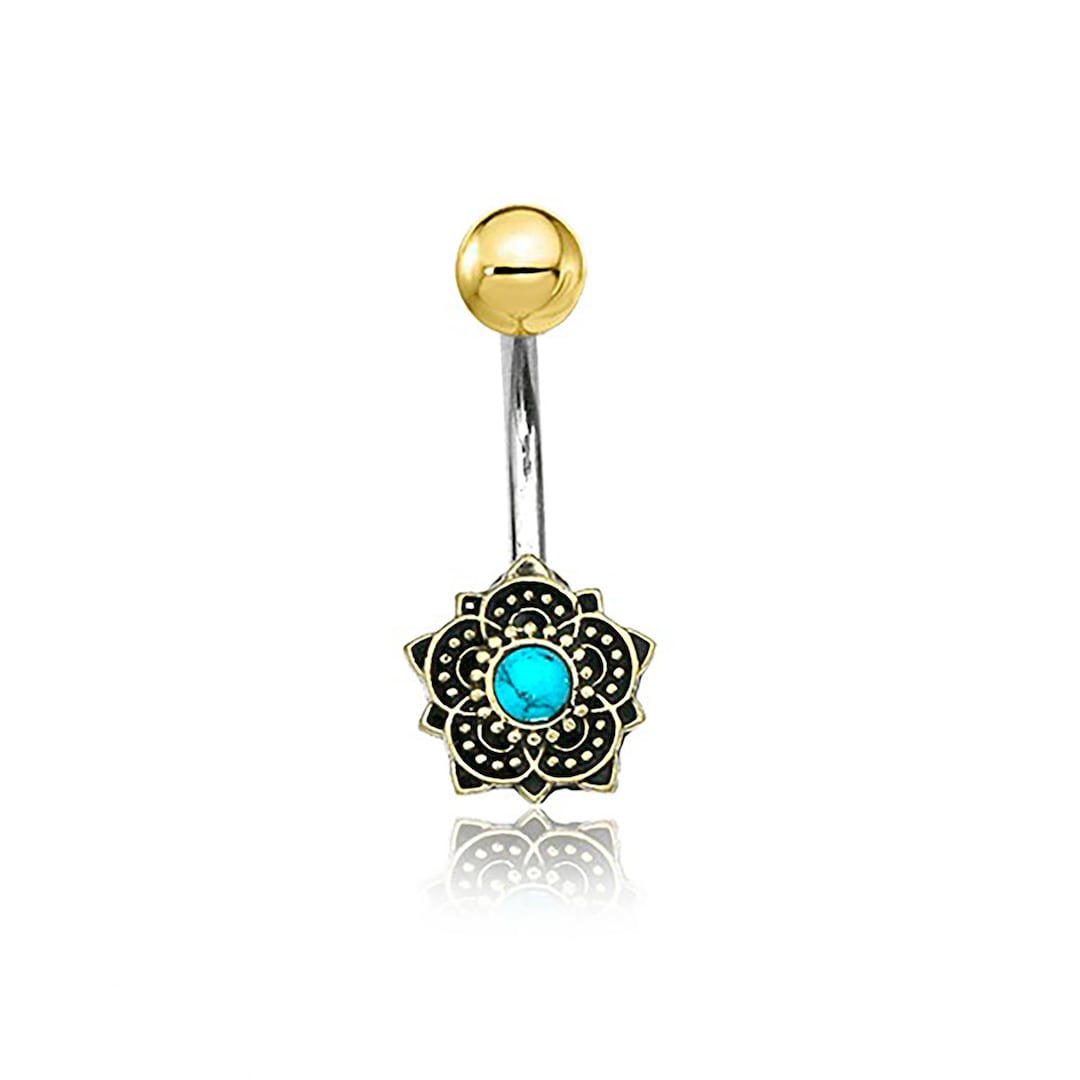 Turquoise Belly Ring, Curved Barbell Lotus Flower, Mandala Gold Belly ...