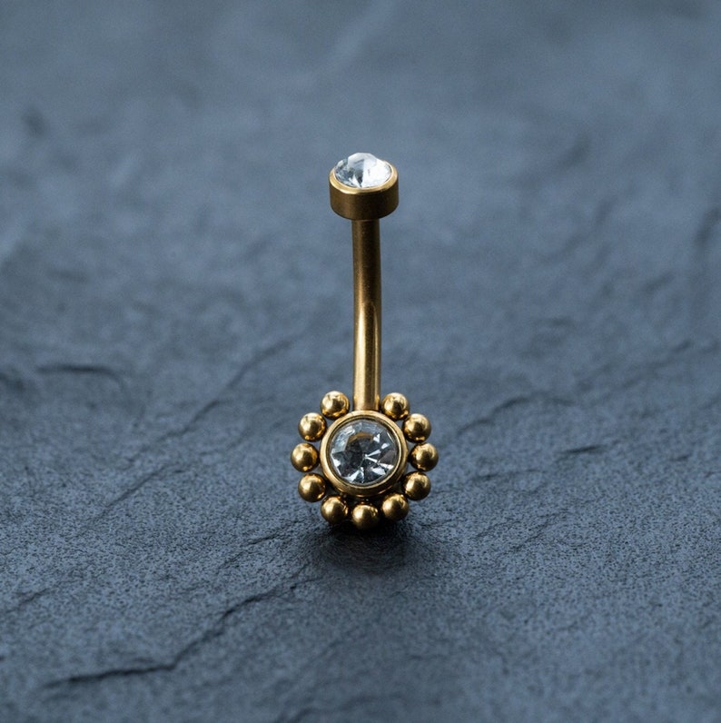 18K Gold Navel Ring Crystal & CZ Belly Barbell - Etsy