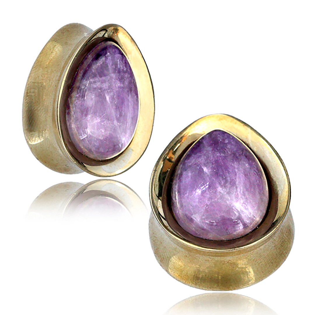Amethyst Teardrop Ear Plug - Natural Stone Gauges - Brass Tunnel ...
