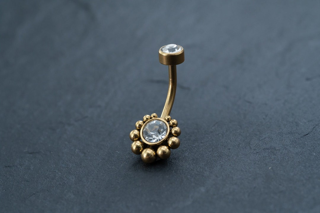 18K Gold Navel Ring, Crystal & CZ Belly Barbell, Hypoallergenic ...