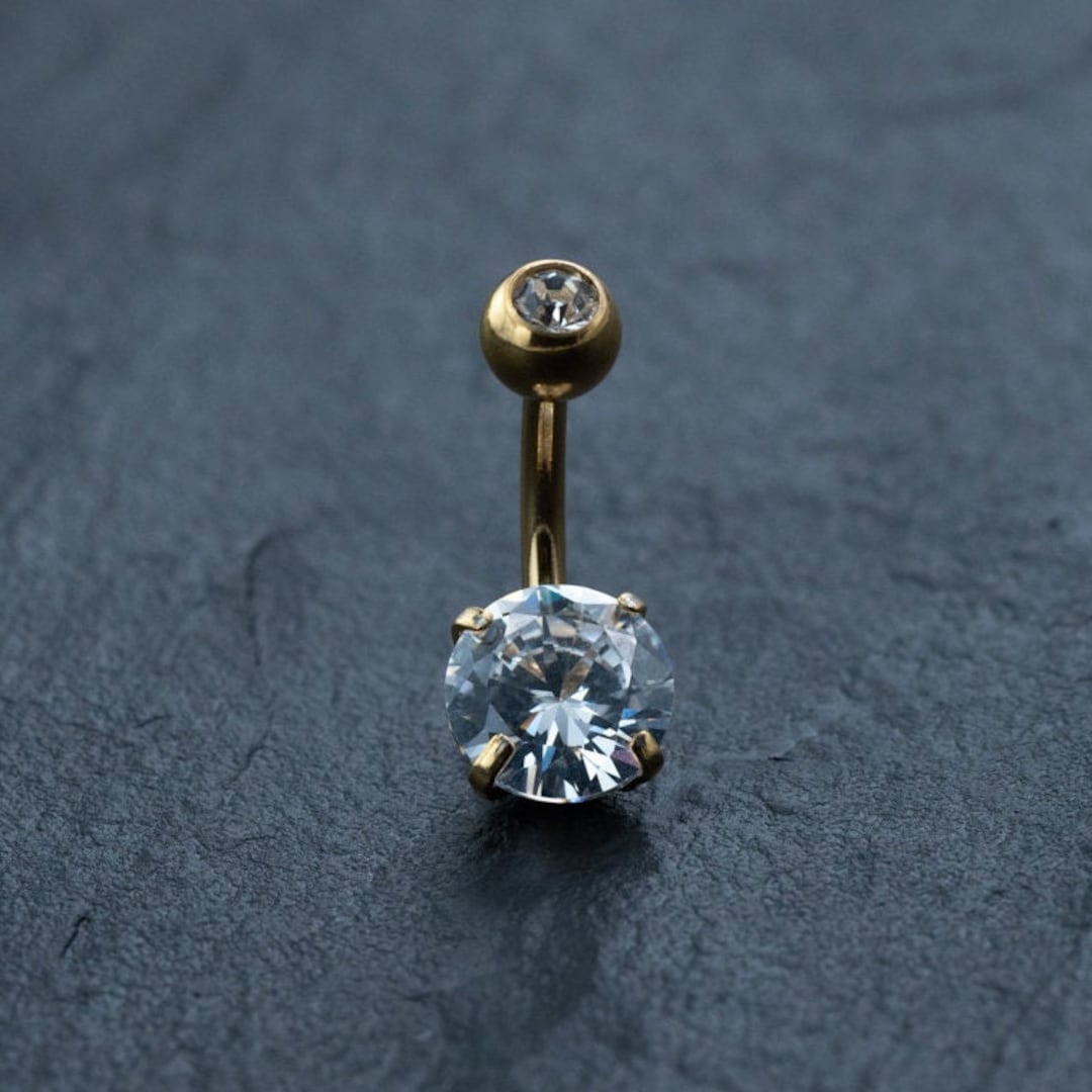 18K Gold Navel Ring, Crystal & CZ Belly Barbell, Hypoallergenic ...