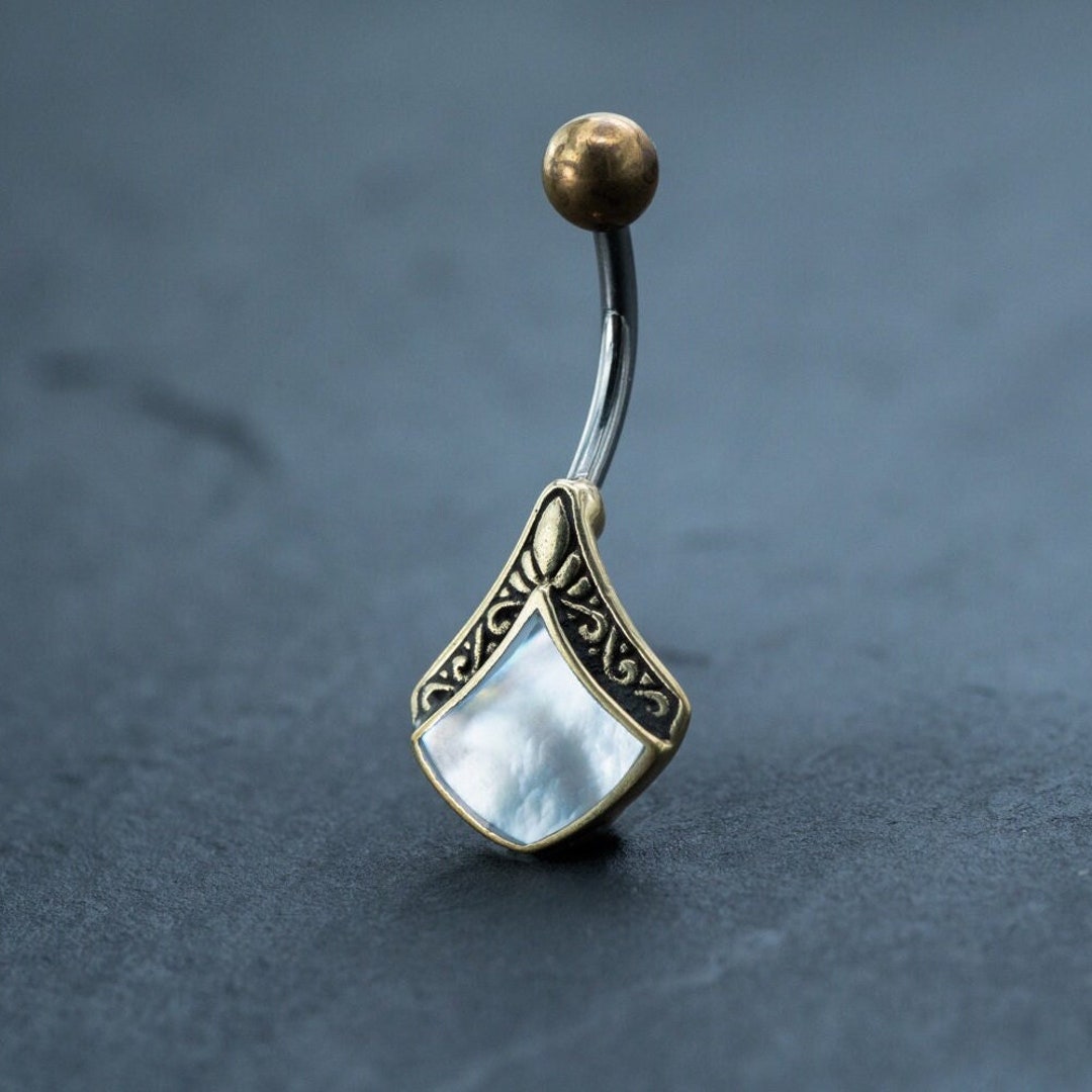 Mother of Pearl Belly Ring - Boho 9mm Navel Bar - Pearl Piercing ...