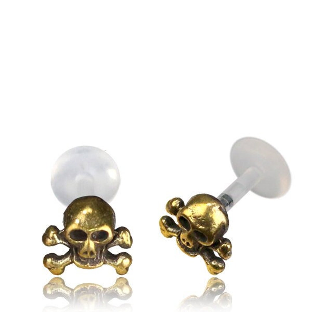 Pirate Skull Labret Piercing in Gold Tragus Flat Back Cartilage Earring ...