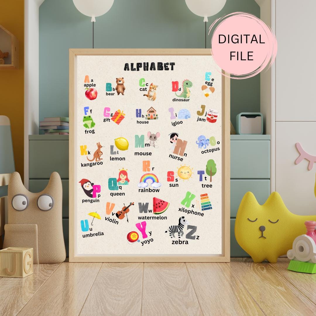 Watercolor Alphabet, Homeschool Posters, Cute ABC Poster, Playroom Wall ...
