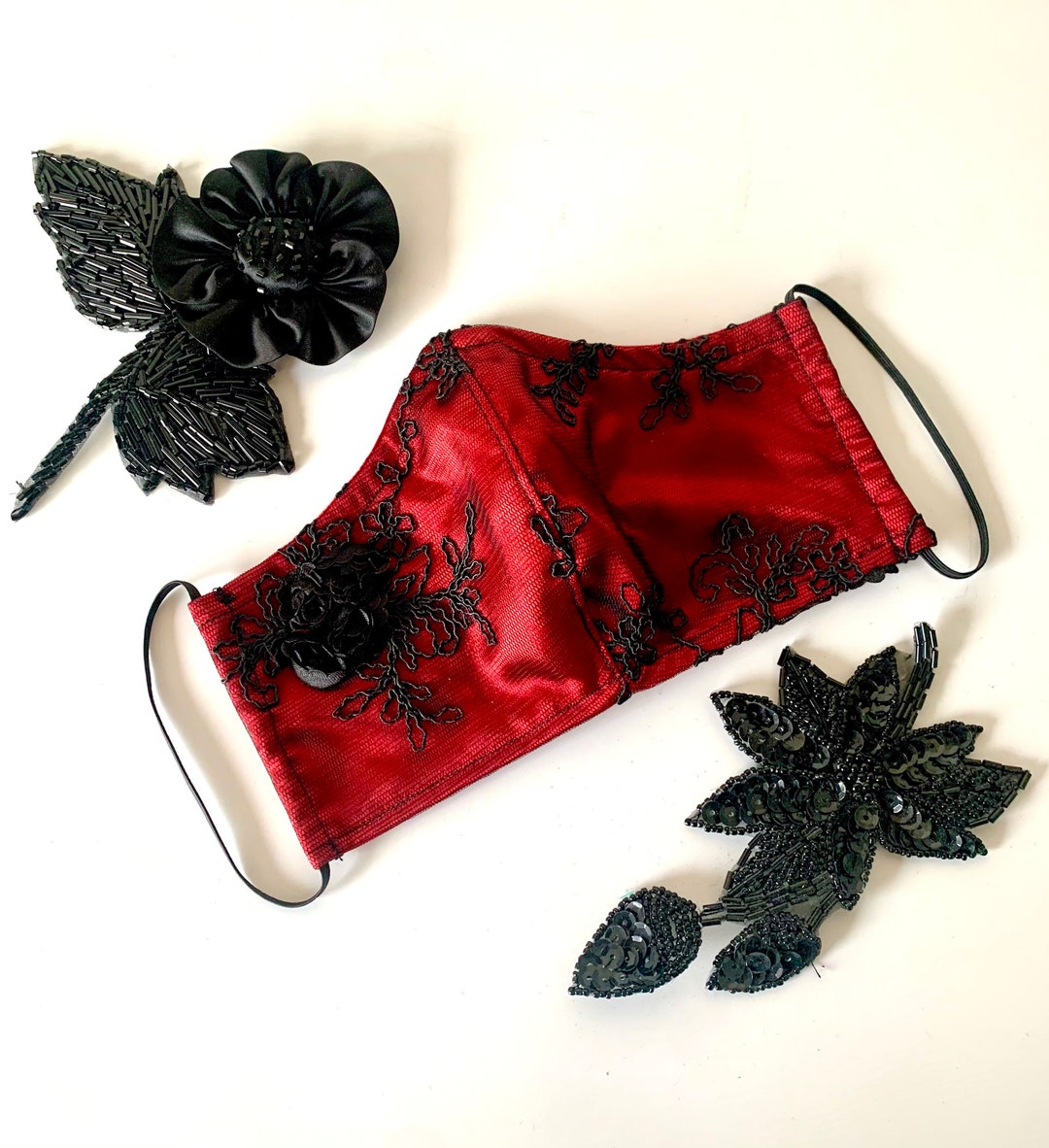 Red Satin With Black Lace Vamp Face Mask With Nose Wire, Filter Pocket ...