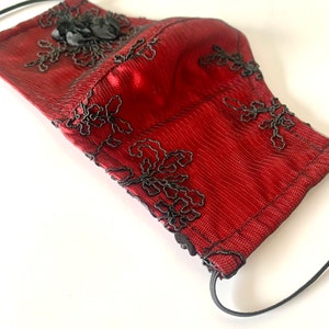 Red Satin With Black Lace Vamp Face Mask With Nose Wire, Filter Pocket ...