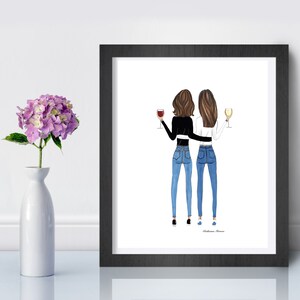 Two Brunette Friends Drawing by Roxy's Illustrations, Friendship Gift ...
