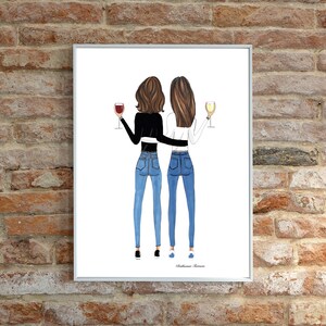 Two Brunette Friends Drawing by Roxy's Illustrations, Friendship Gift ...