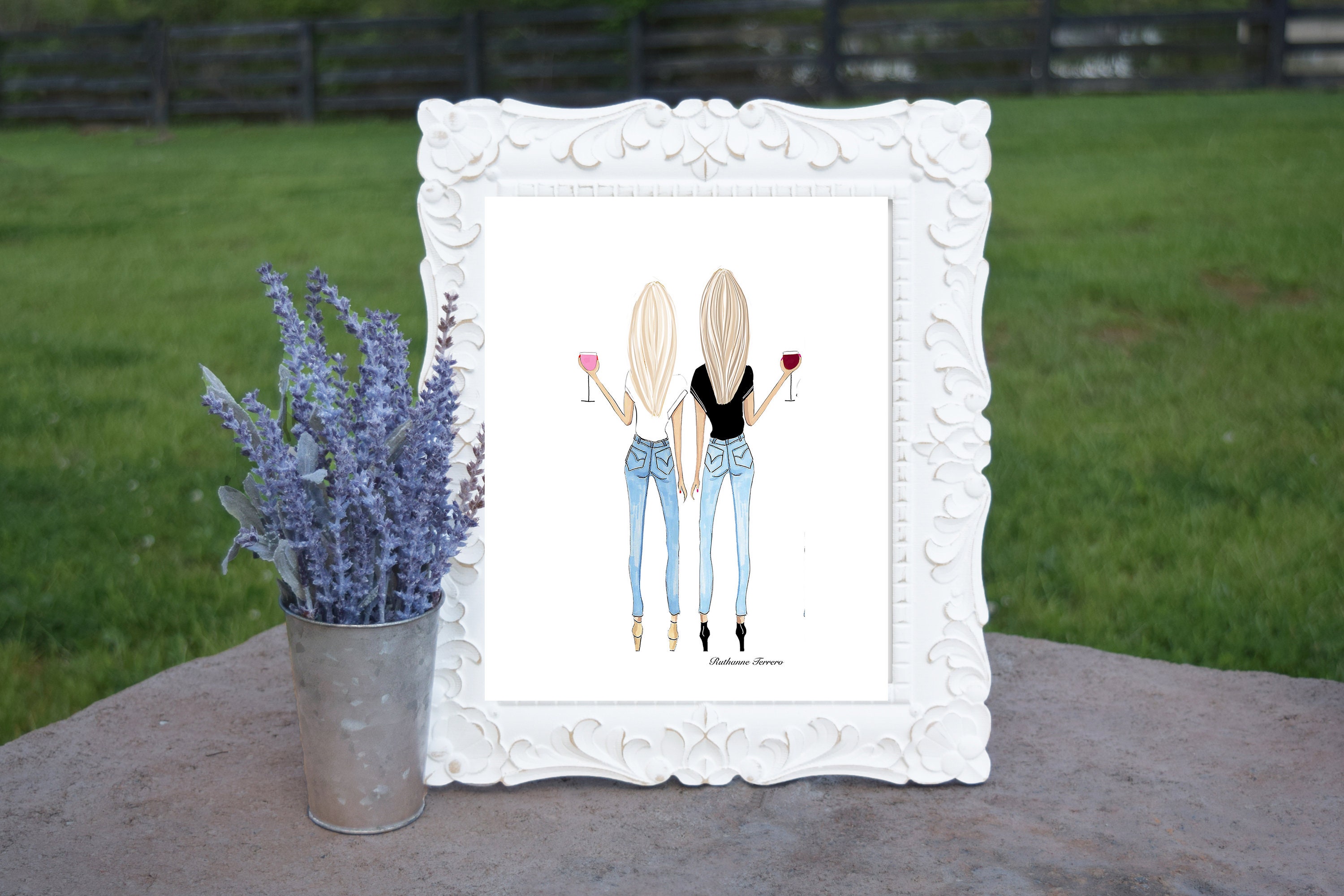 Two Blondes With Long Hair Fashion Illustration Print by Roxy's ...